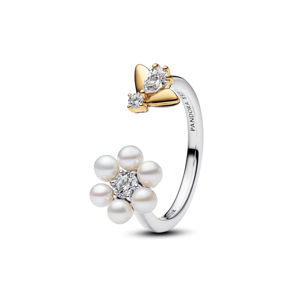 Pandora Anillo Abierto Abeja Bridgerton Y Flor Con Perla